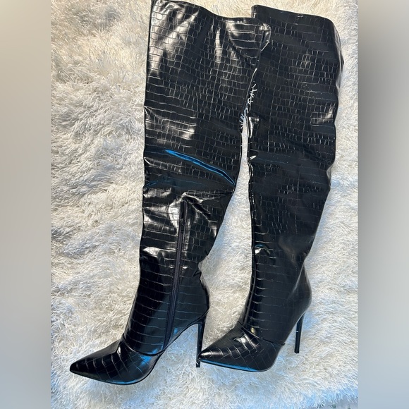 Shoes | Croc Effect Thigh High Boots | Poshmark